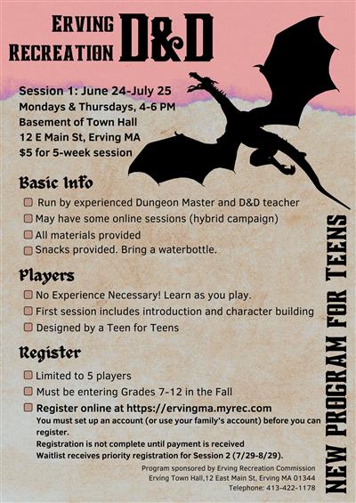 Erving Recreation Commission: Dungeons & Dragons for Teens
